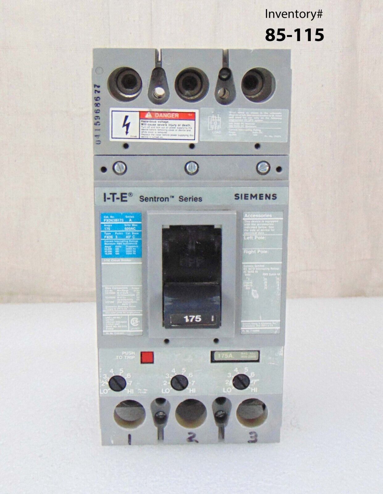 Siemens FXD63B175 ITE Sentron Circuit Breaker 175A, 600VAC, 3 Pole ...