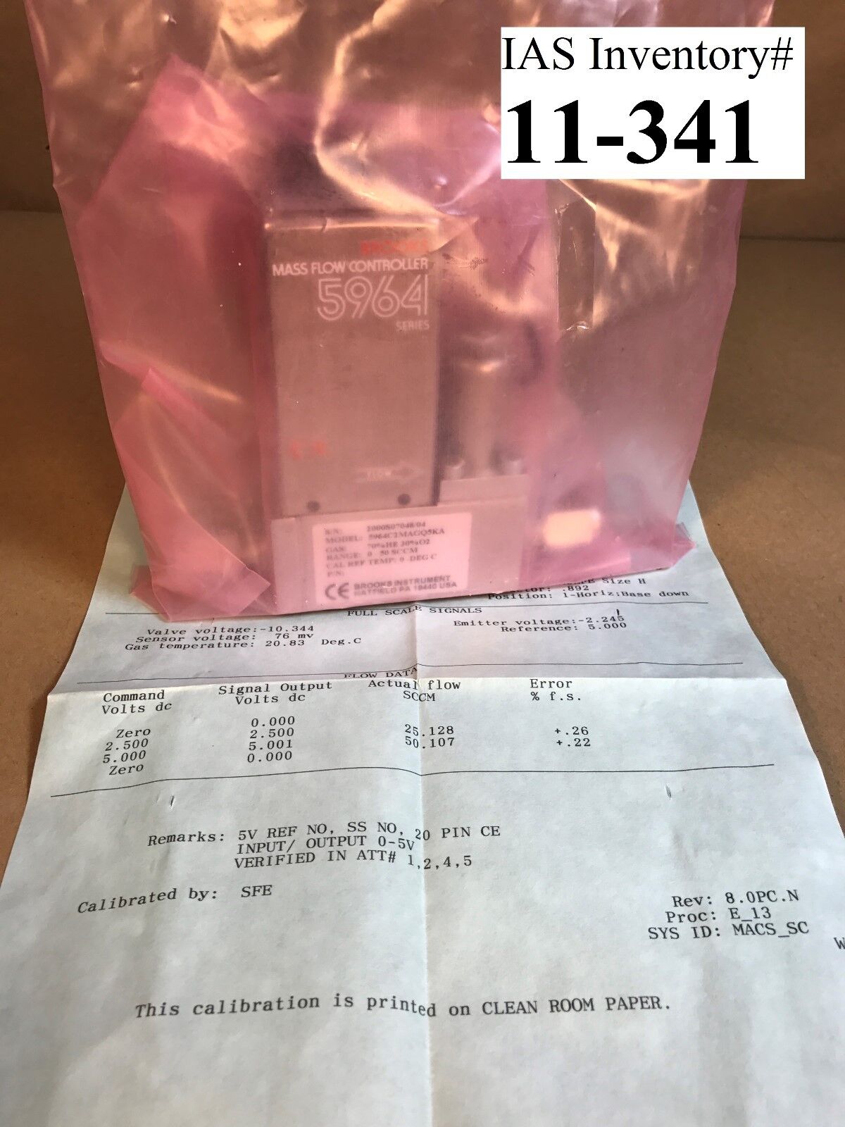 Brooks 5964 Mass Flow Controller 50 SCCM 70%HE30%O2 (Refurbished ...